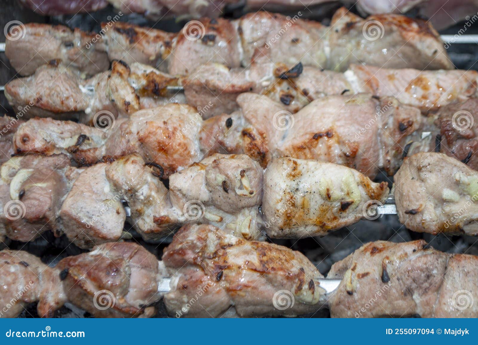 Fresh Pieces of Meat are Fried on Skewers Stock Photo - Image of ...