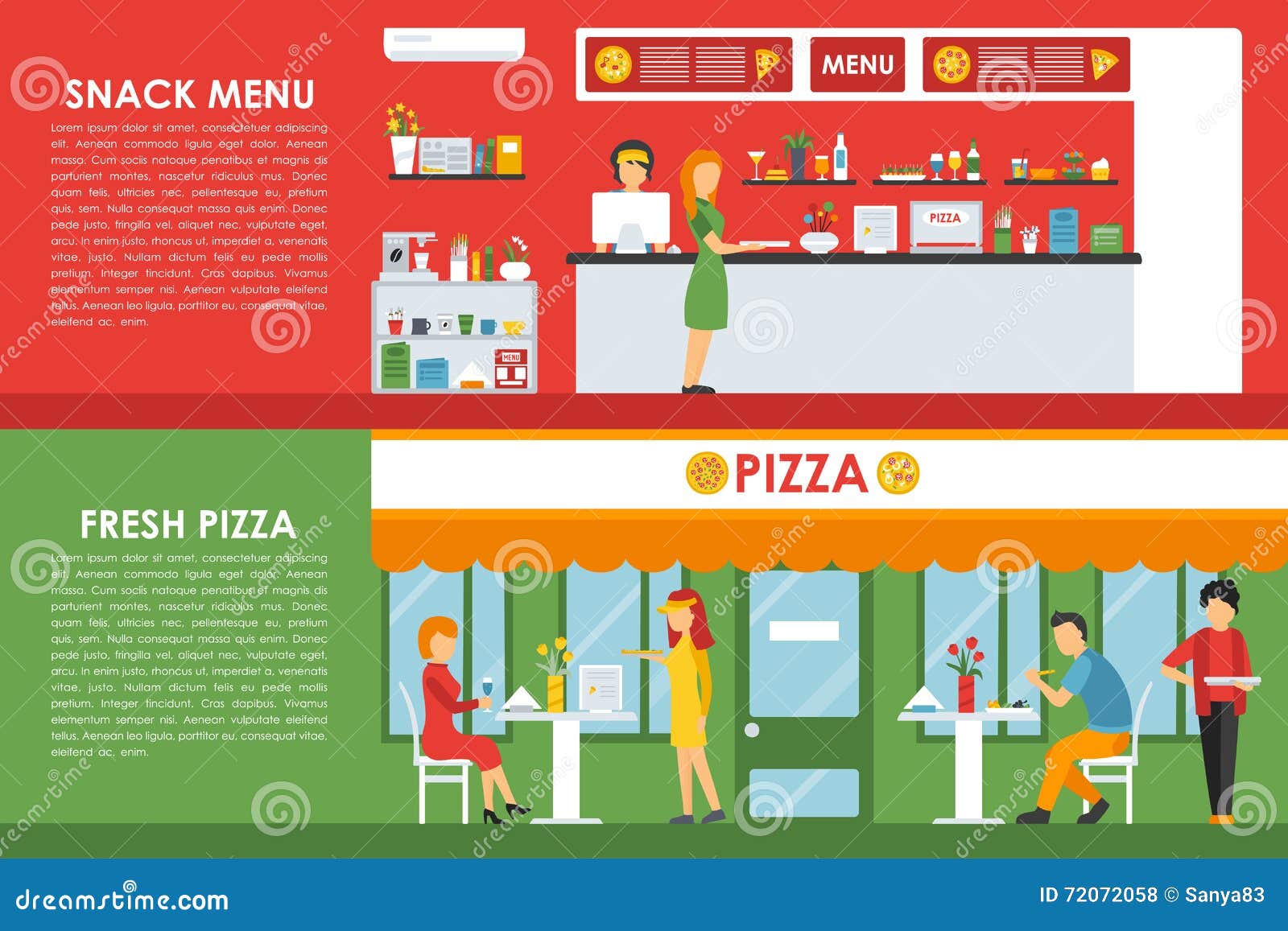 Fresh Pizza and Snack Menu Flat Concept Web Vector Illustration ...