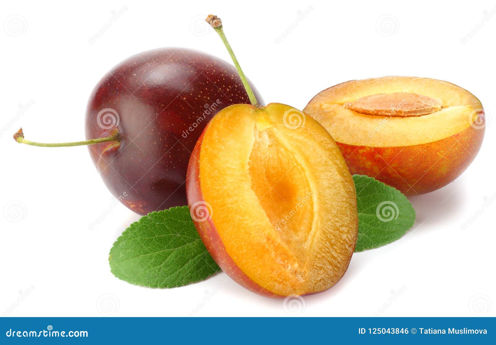 Fresh Plum Fruit with Green Leaf and Cut Plum Slices Isolated on White ... Fresh Plum Fruit with Green Leaf and Cut Plum Slices Isolated on White ...