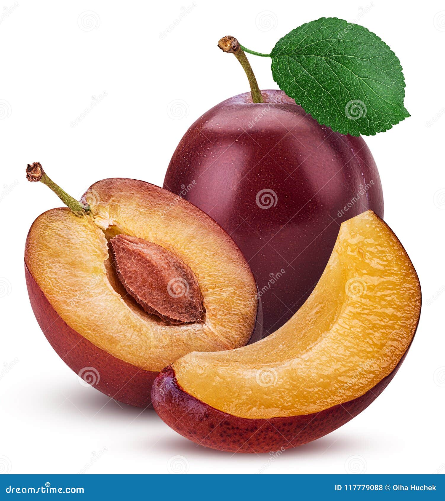 Fresh Plum One Cut in Half with Bone and Slice with Leaf Stock Photo ...