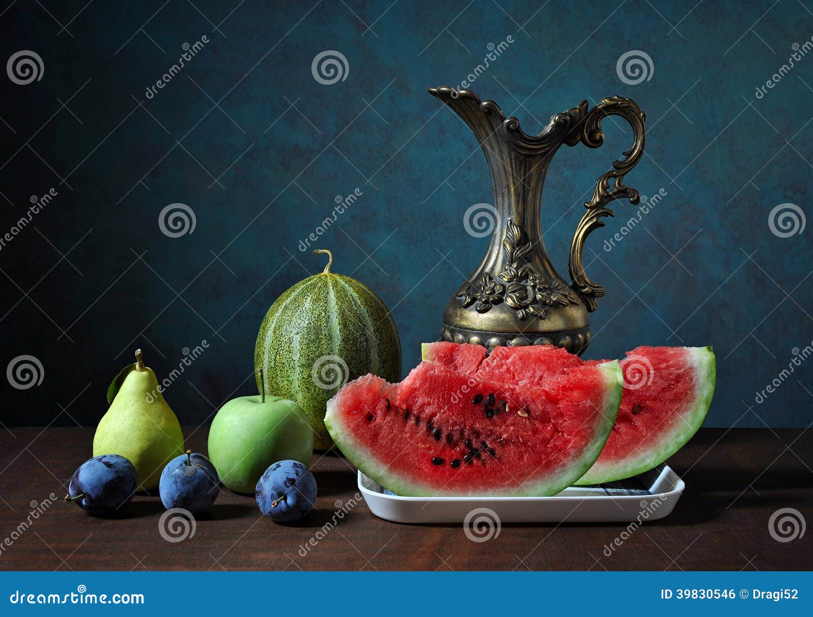 Fresh plums and watermelon stock photo. Image of leaf - 39830546