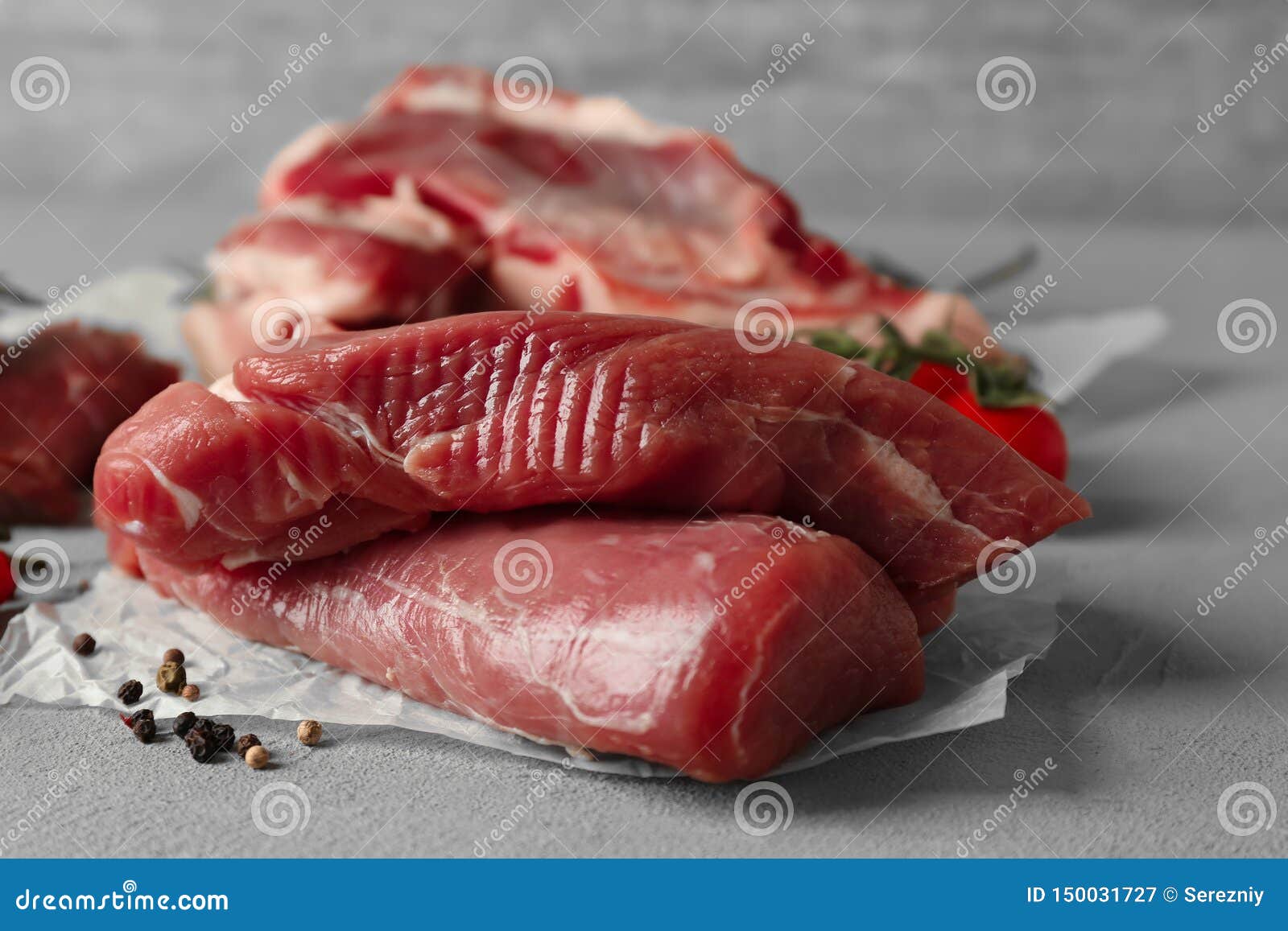Fresh Pork Tenderloin on Grey Table Stock Image - Image of pork, table ...