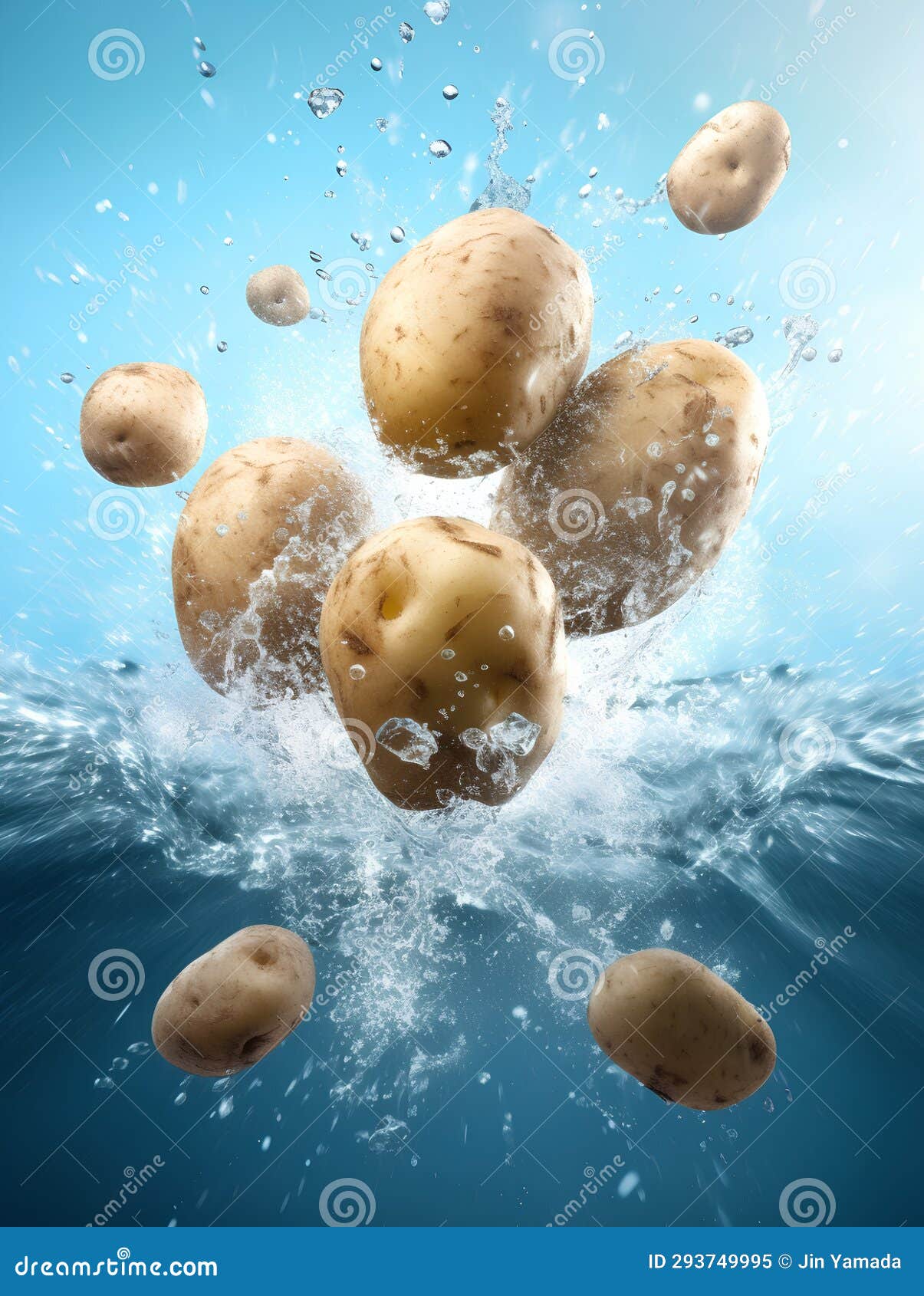 Fresh Potatoes Falling into Water with Splash on Blue Background. 3d ...