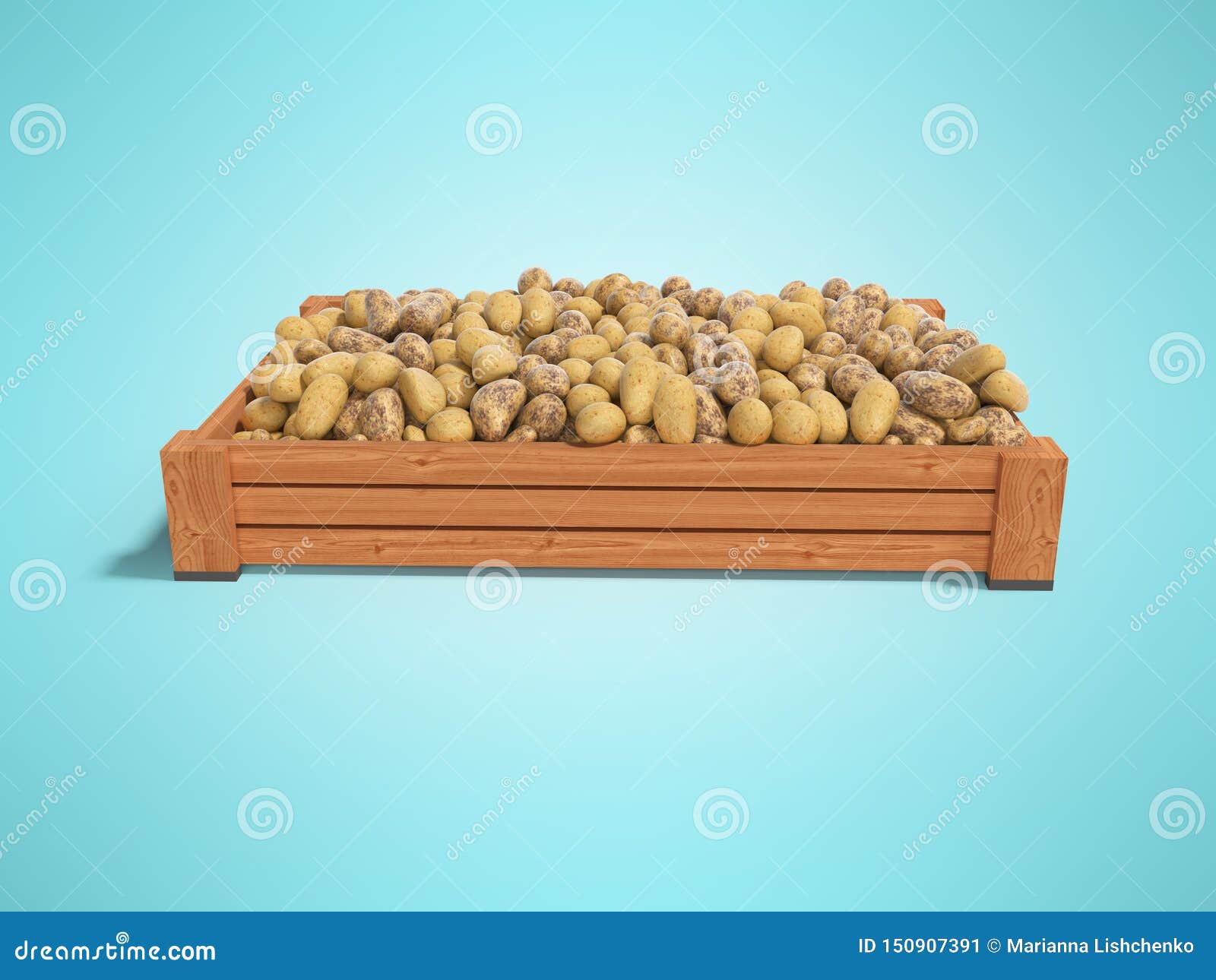 Fresh Potatoes on Wooden Pallet 3d Render on Blue Background with ...