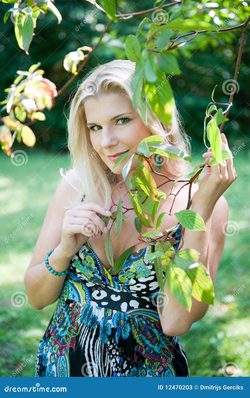 Fresh Pretty Spring Woman with Tree Branch Stock Image - Image of dress ...