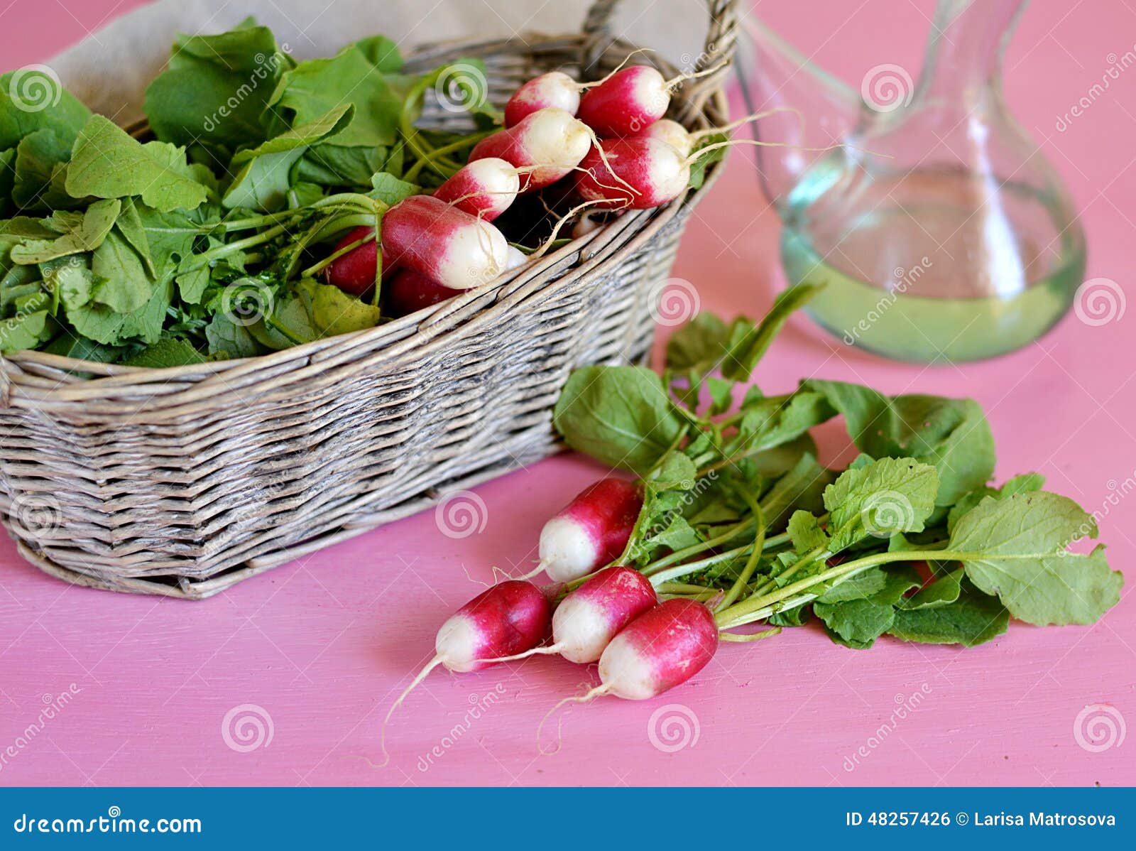 Fresh radishes in a basket stock photo. Image of basket - 48257426