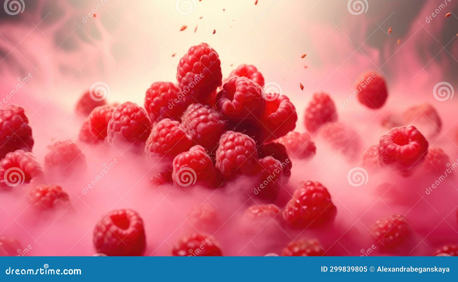 Fresh Raspberries Explode and Scatter on a Pink Background with Smoke ...