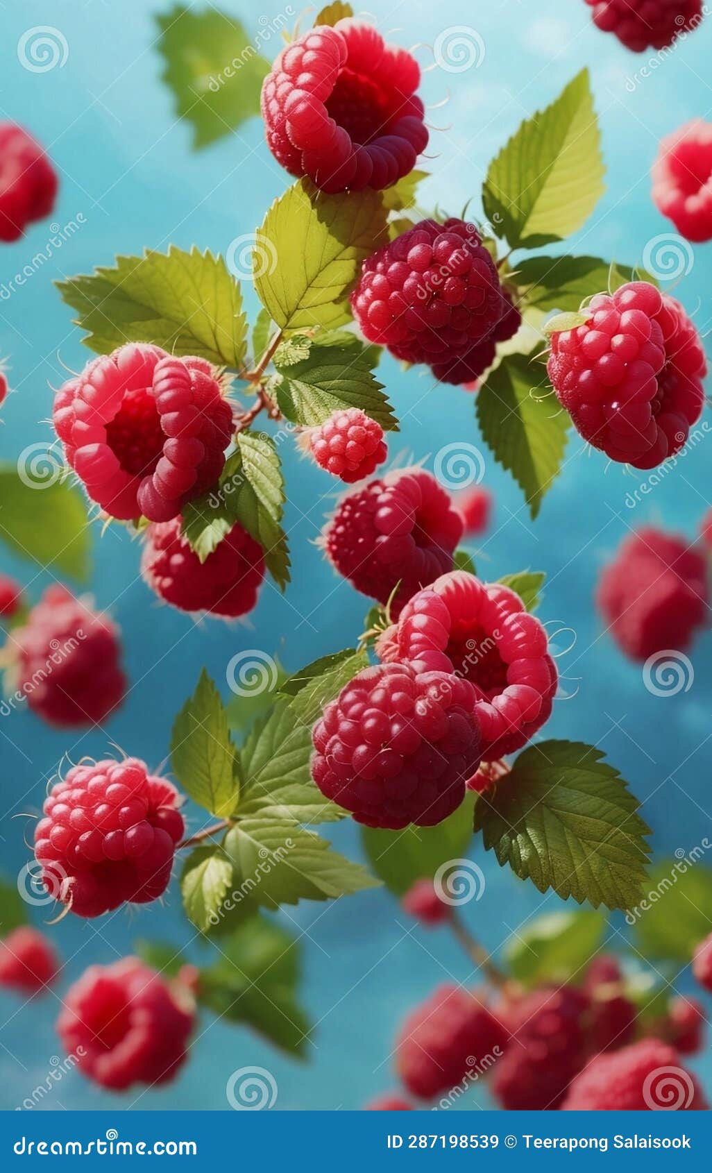 Fresh Raspberries Flying Isolated on Daylight Background Stock ...