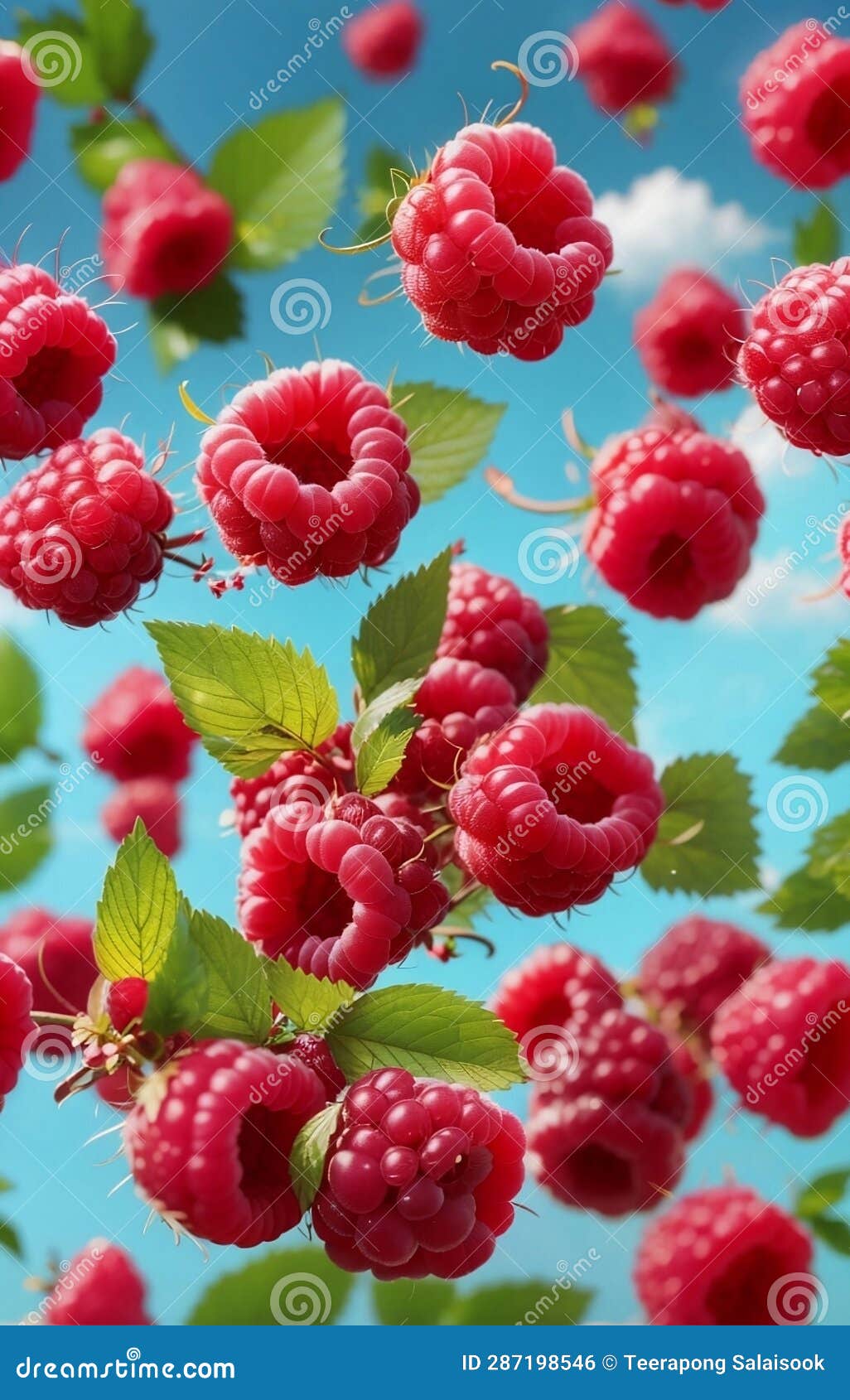 Fresh Raspberries Flying Isolated on Daylight Background Stock ...