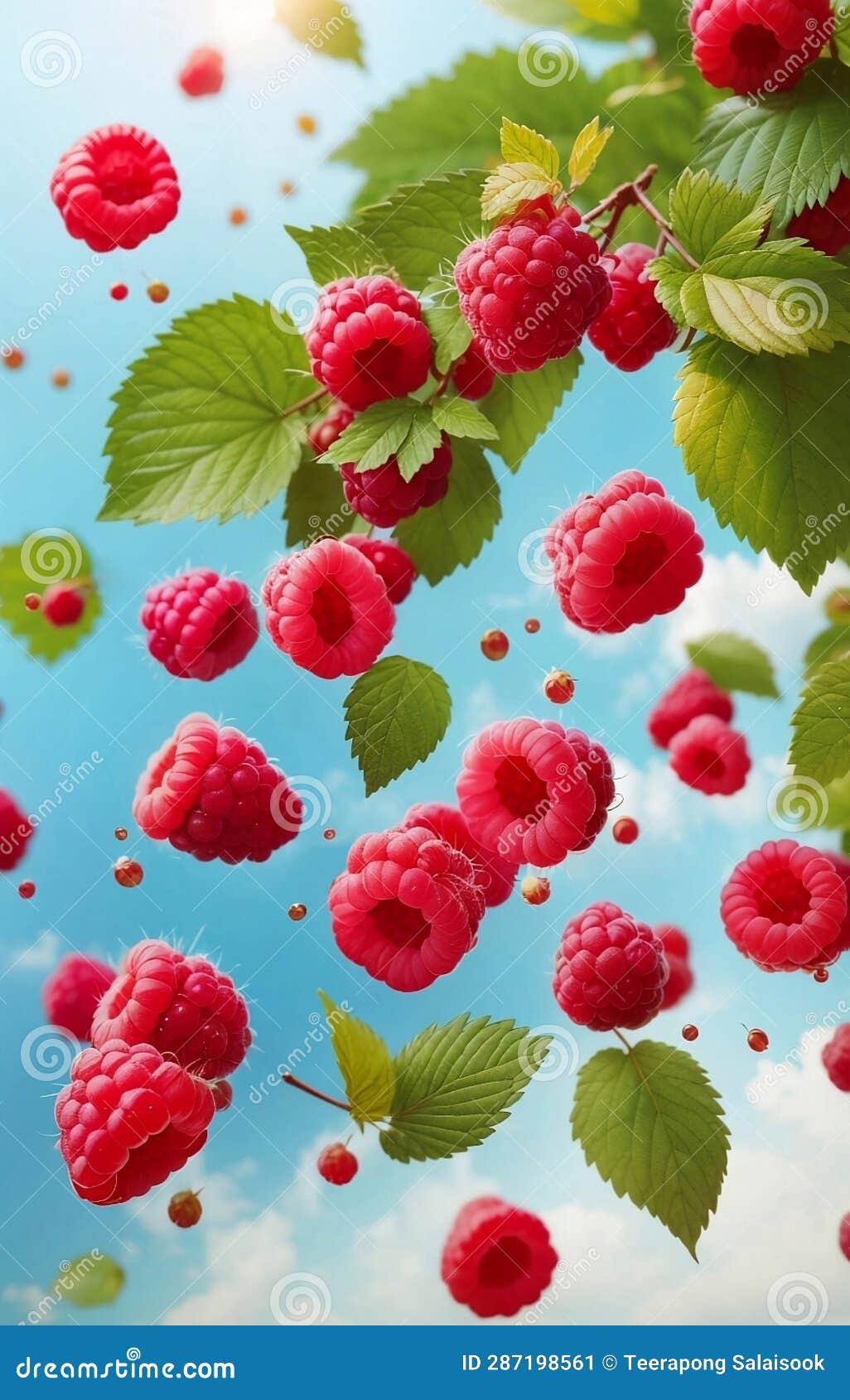 Fresh Raspberries Flying Isolated on Daylight Background Stock ...