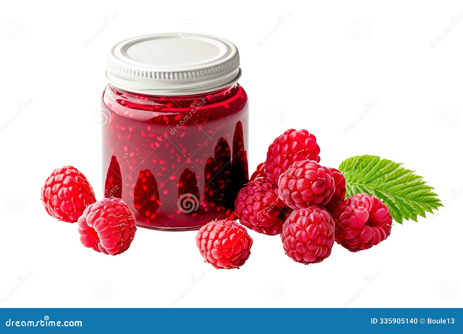 Fresh Raspberries and a Jar of Raspberry Jam with Green Leaves Isolated ...