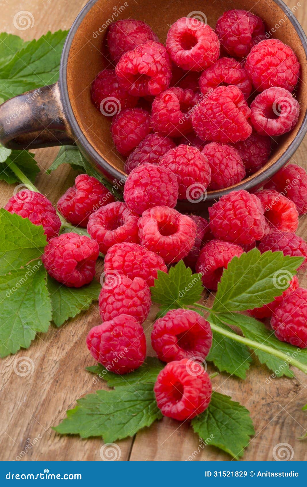 Fresh Raspberries with Leafs in Bowl on Wooden Table Stock Image ...
