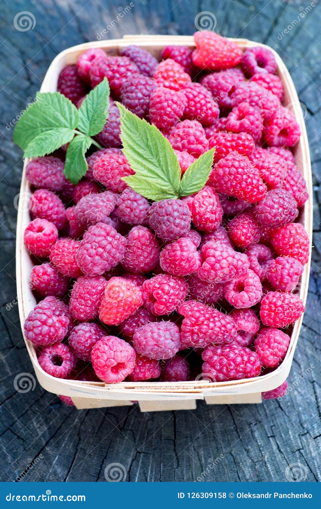 Fresh Raspberry Basket with Fresh Fruit. Top View Stock Photo - Image ...