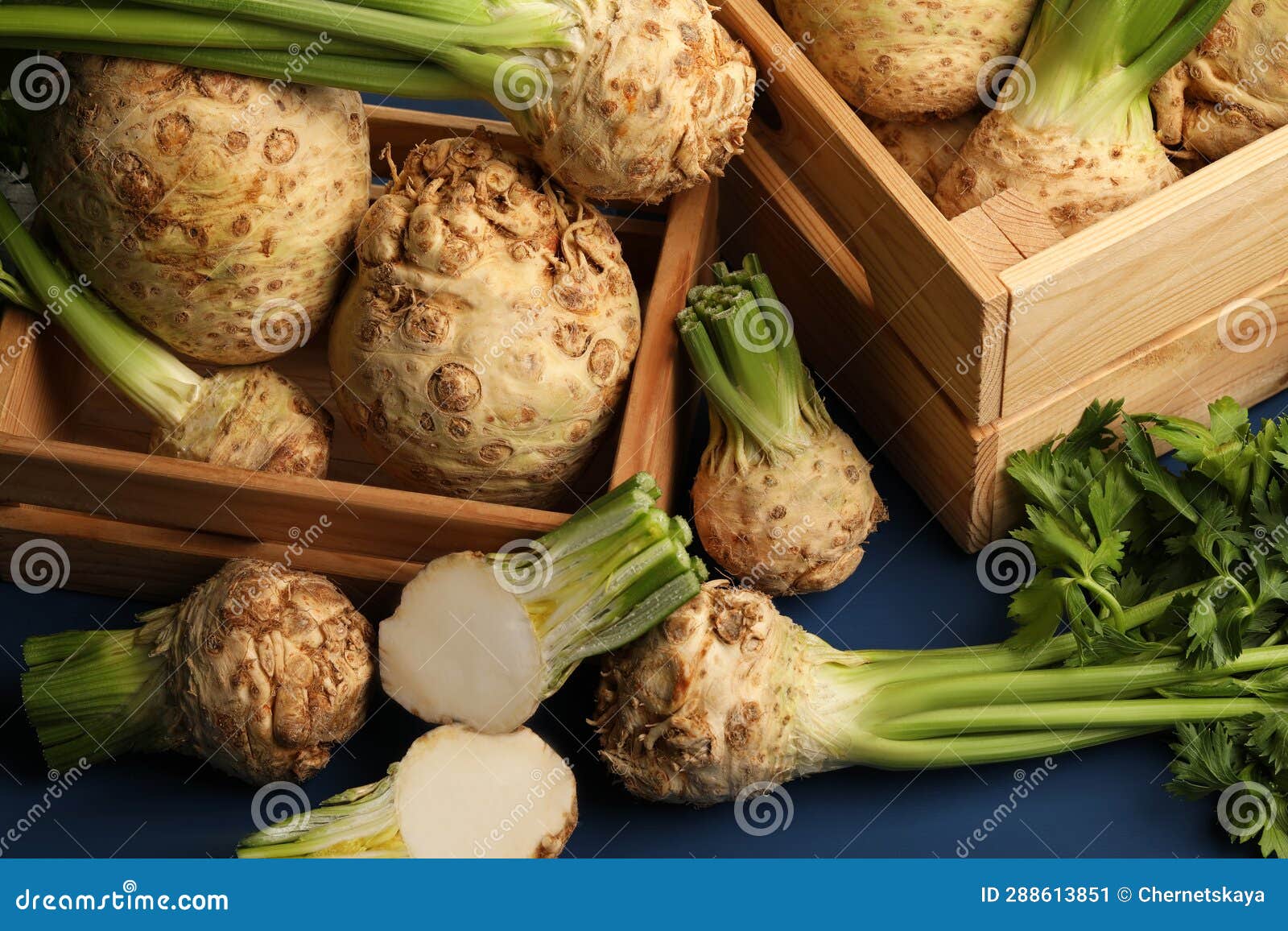 Fresh Raw Celery Roots on Blue Table, Above View Stock Image - Image of ...