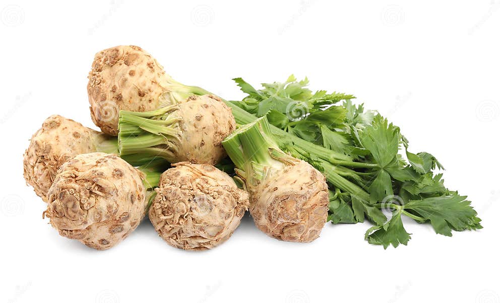 Fresh Raw Celery Roots with Stalks Isolated on White Stock Photo ...