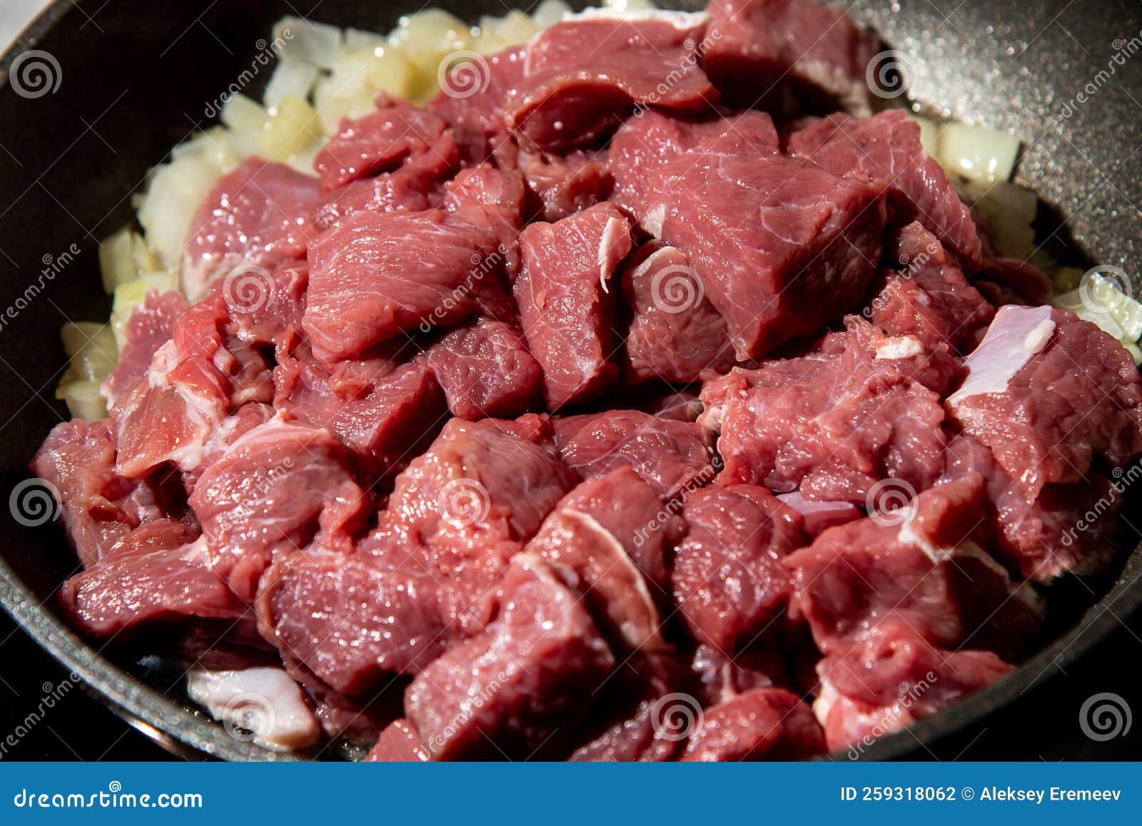 Fresh Raw Chopped Meat and Onion in a Frying Pan Stock Photo - Image of ...