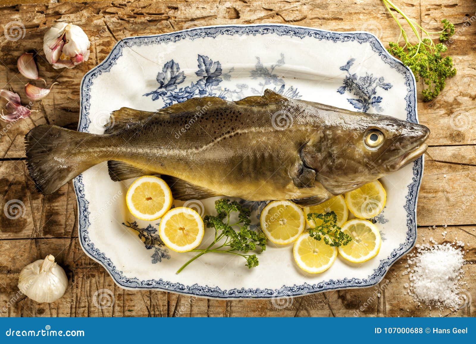 Fresh Raw Cod Served on a Tray with Ingredients for Recipe. Stock Photo ...