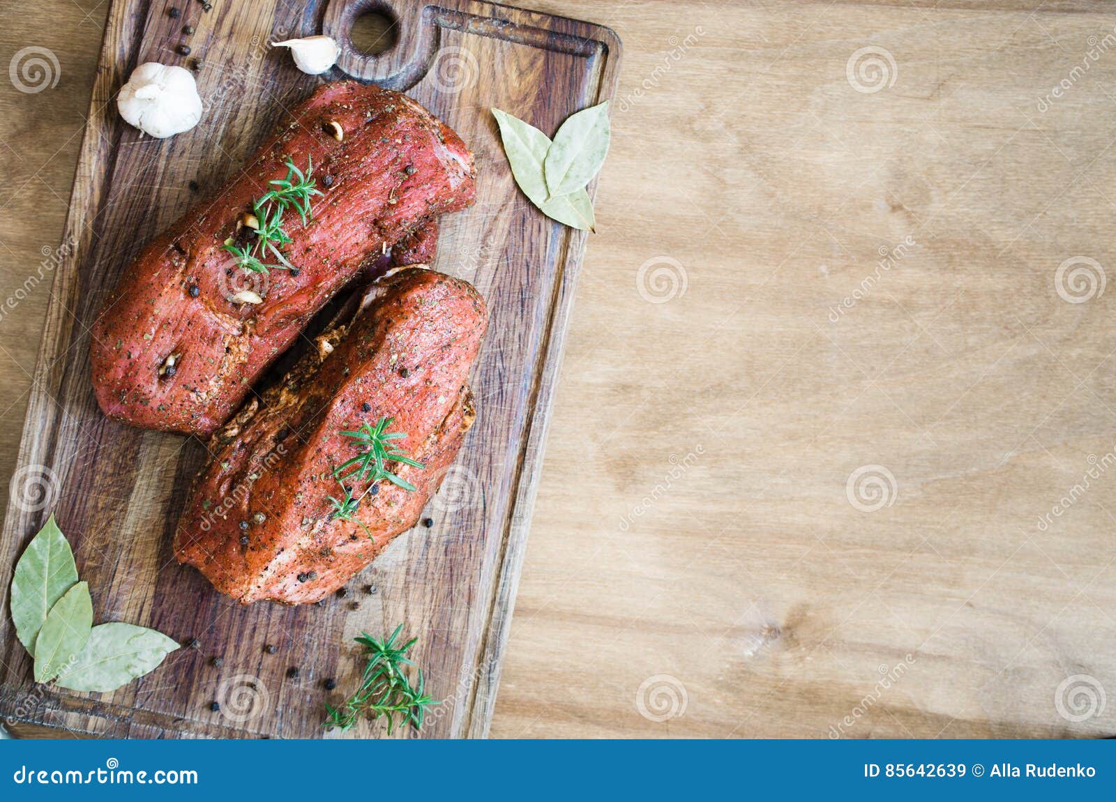 Fresh Raw Marinated Meat on a Wooden Table. Stock Image - Image of ...
