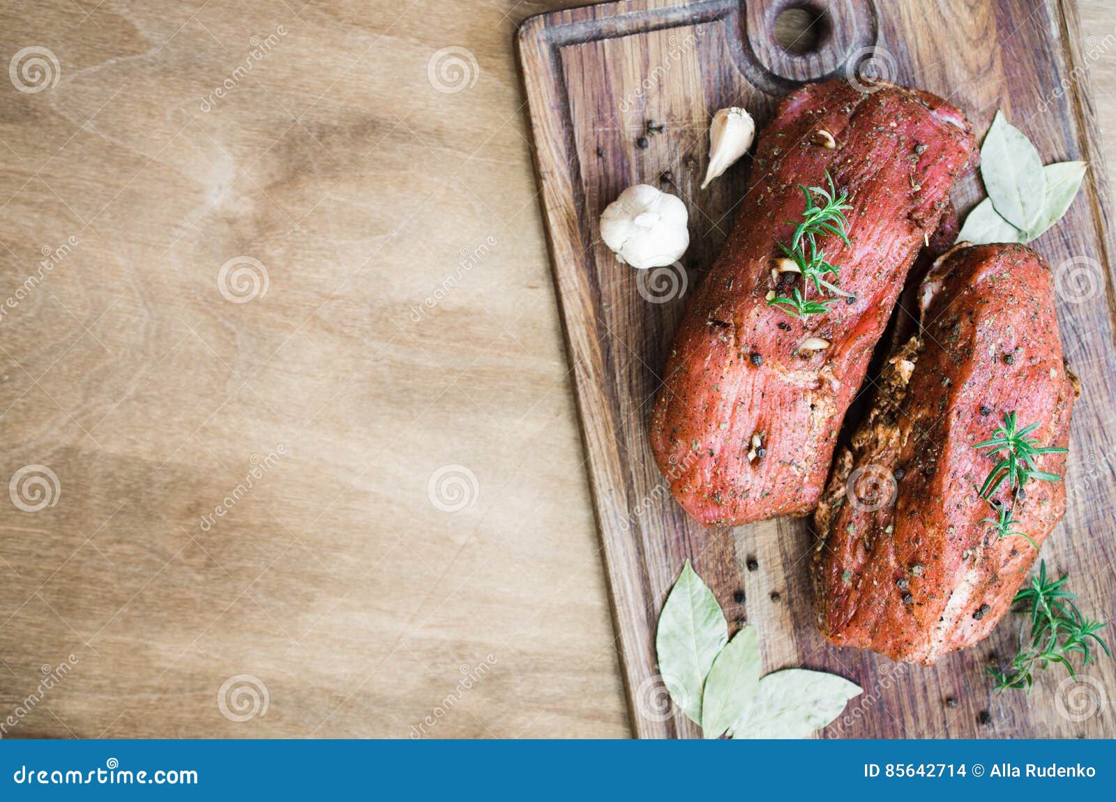 Fresh Raw Marinated Meat on a Wooden Table. Stock Photo - Image of ...