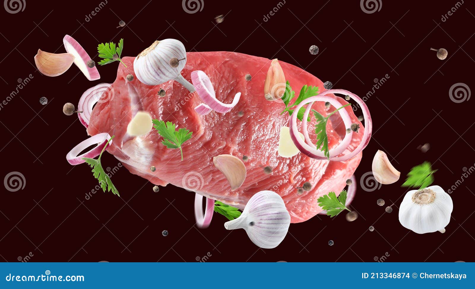Fresh Raw Meat and Different Spices Flying on Black Background Stock ...