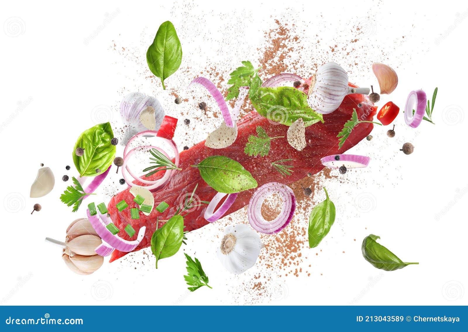 Fresh Raw Meat and Different Spices Flying on White Background Stock ...