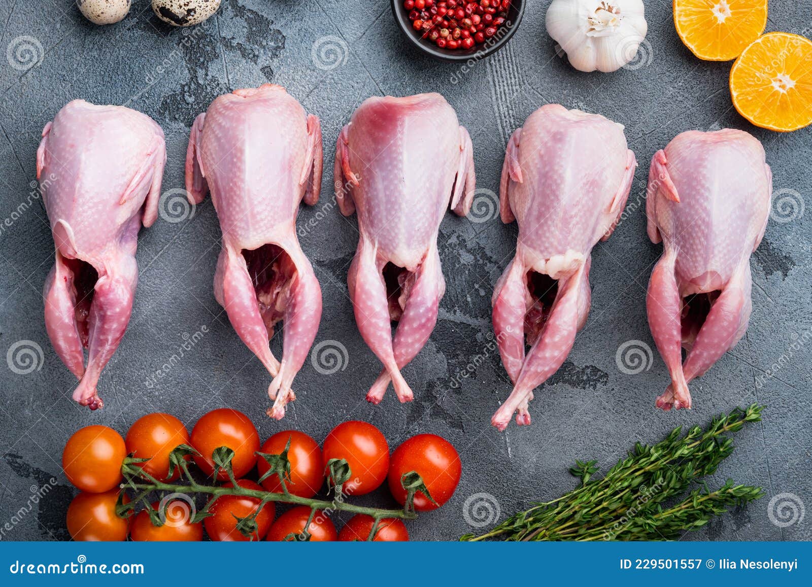 Fresh Raw Meat Quails Ready for Cooking, Flat Lay, on Grey Background ...