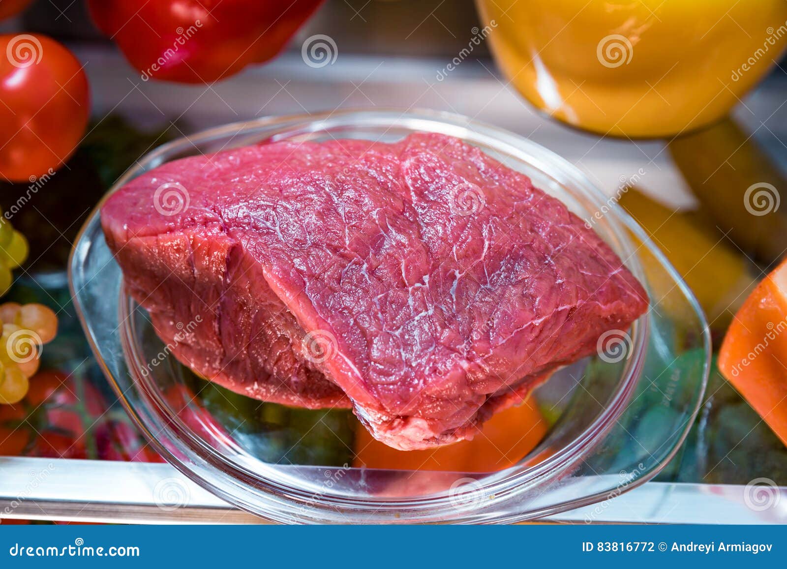 Fresh Raw Meat on a Shelf Open Refrigerator Stock Photo - Image of ...