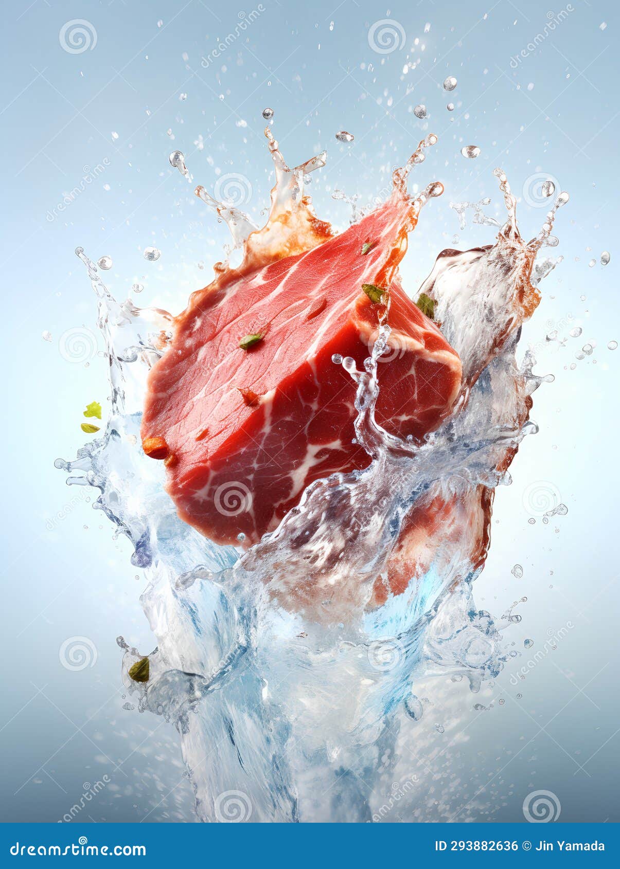 Fresh Raw Meat in Water Splash on Blue Background. 3d Rendering Stock ...