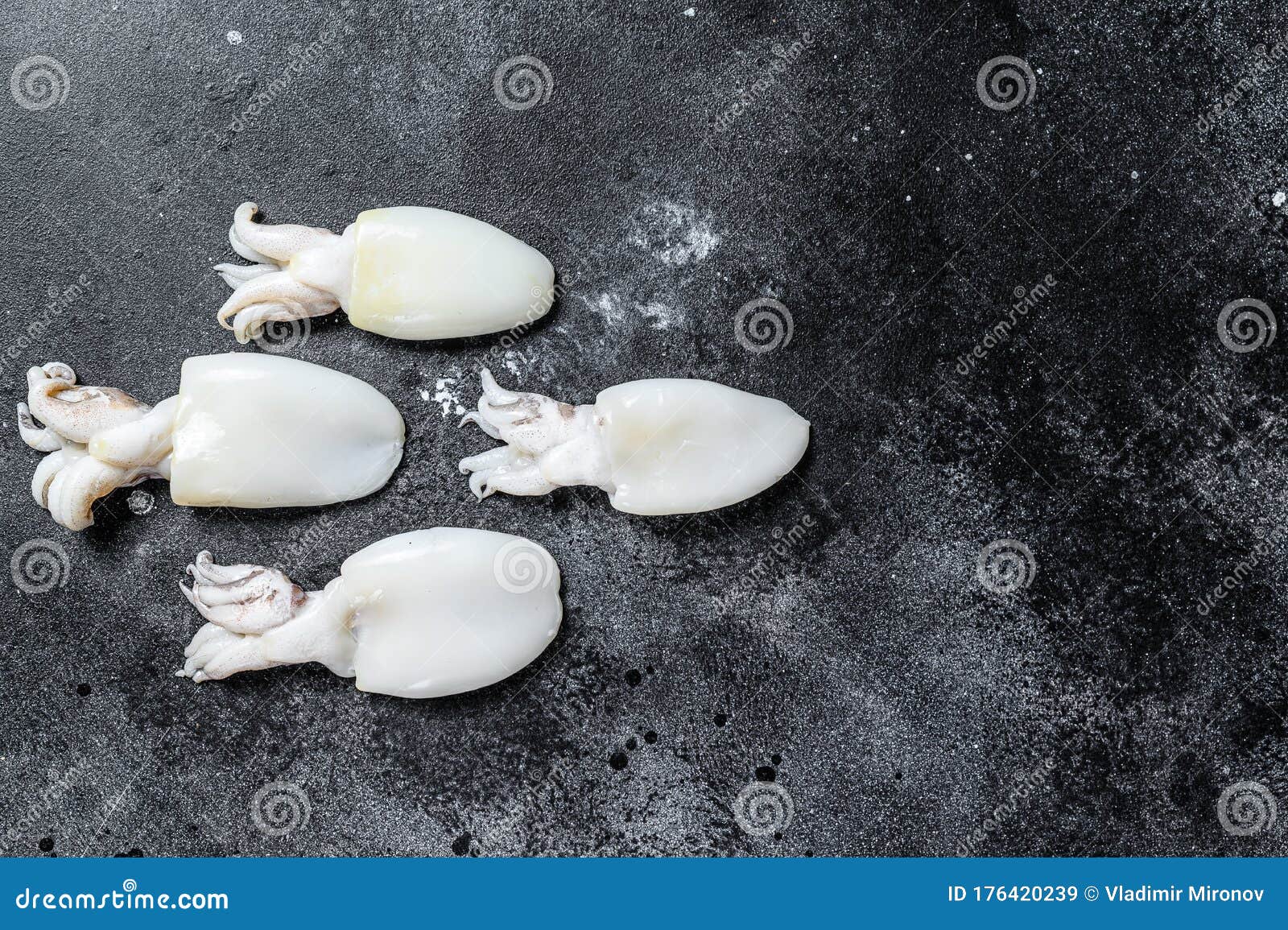 Fresh Raw Mini Cuttlefish on the Table. Black Background. Top View ...