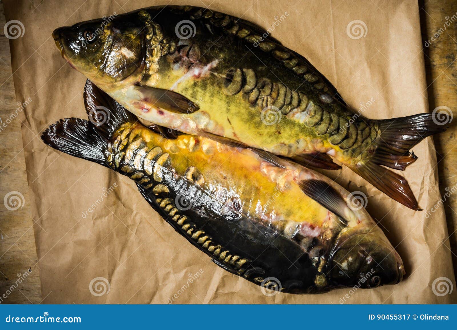 Fresh Raw Mirror Carp Fish on Craft Paper, Top View, Rustic Style Stock ...