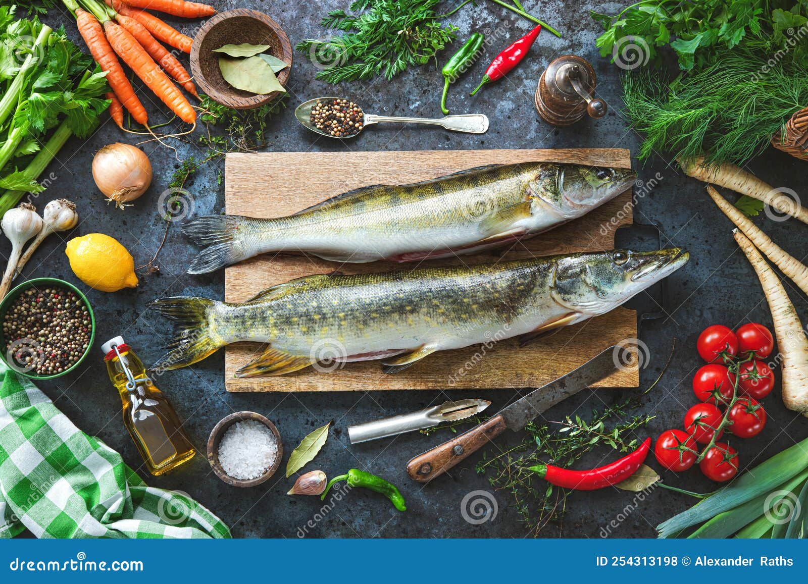 Fresh Raw Pike Perche or Zander and Pike Fish with Ingredients Prepared ...