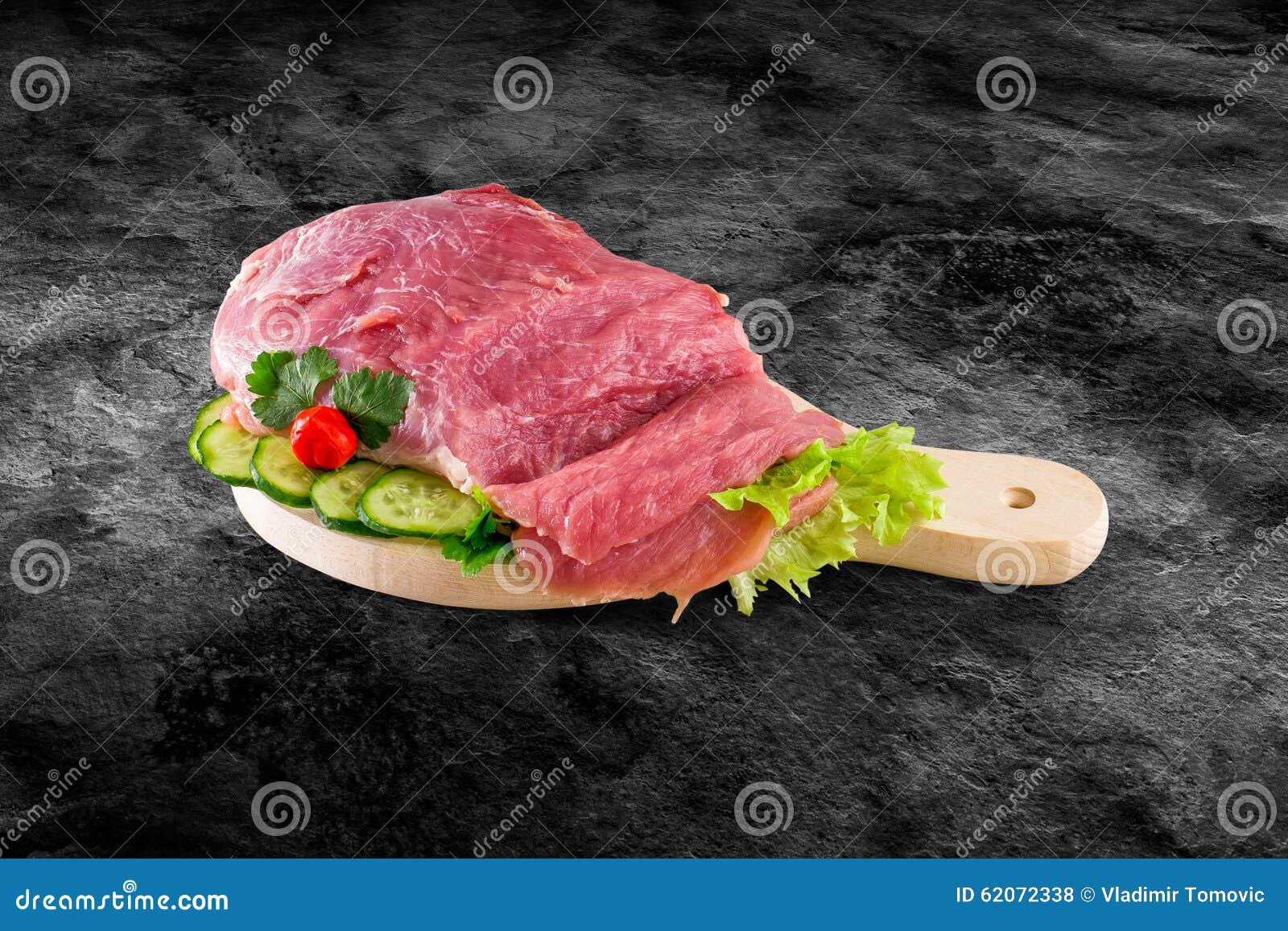 Fresh Raw Pork Ham Meat Decorated with Vegetables on Kitchen Table Plus ...