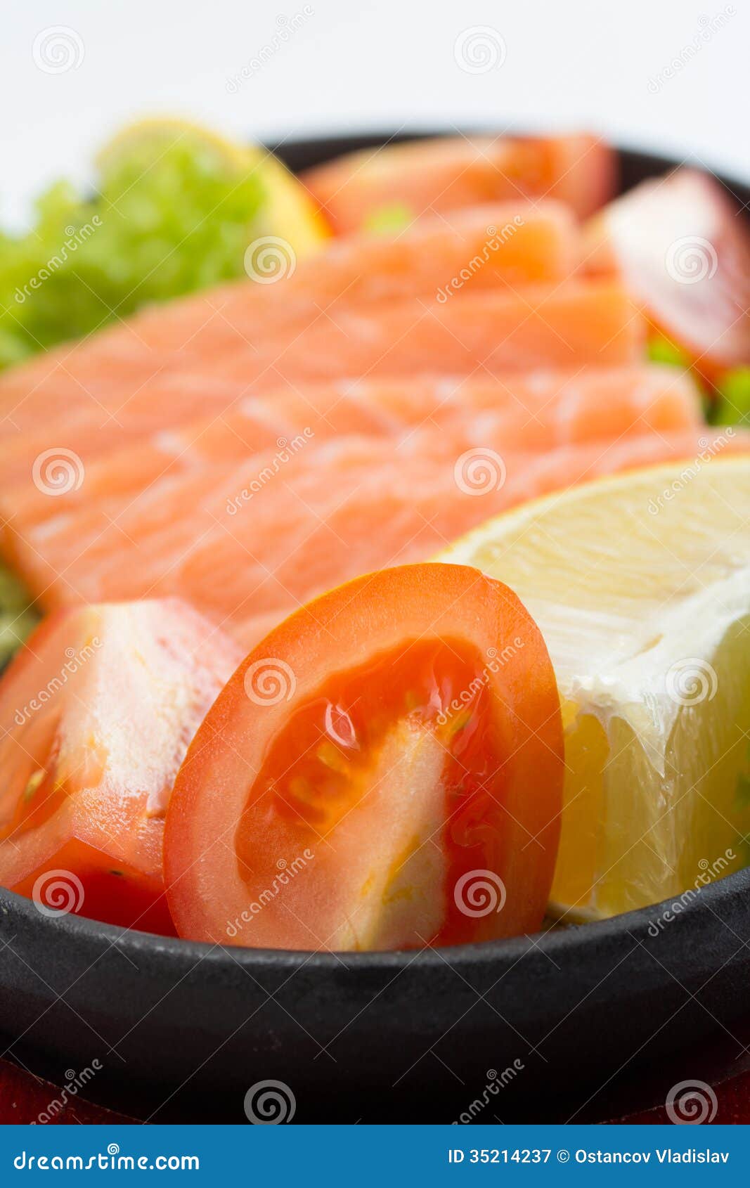 Fresh Raw Salmon Fish Pieces on Plate Isolated Stock Image - Image of ...