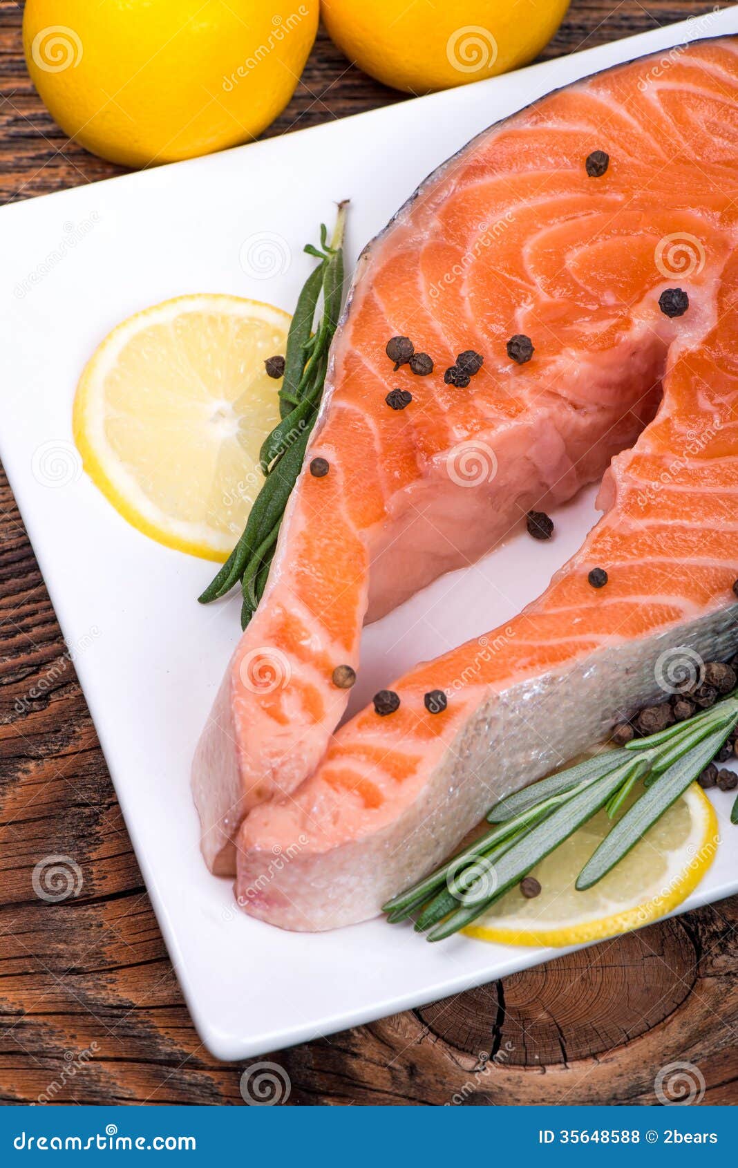 Fresh Raw Salmon Red Fish Steak with Herbs and Vegetables Stock Photo ...
