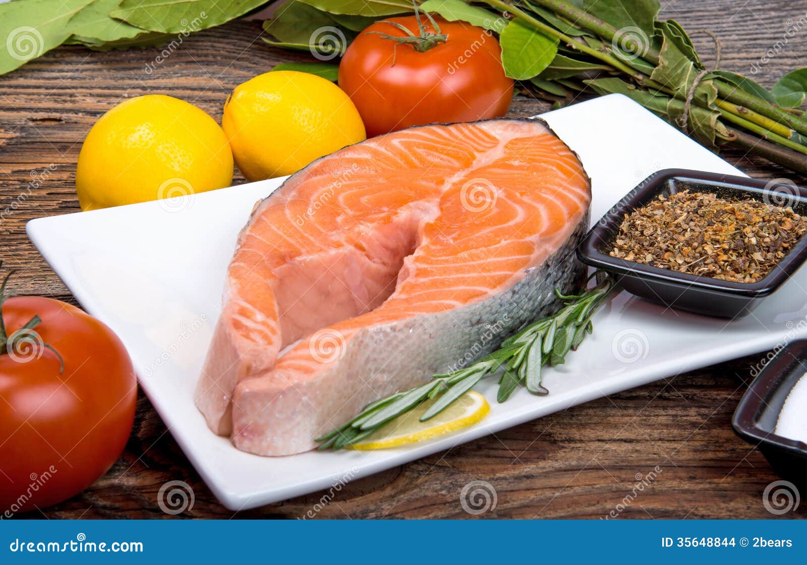 Fresh Raw Salmon Red Fish Steak with Herbs and Vegetables Stock Photo ...