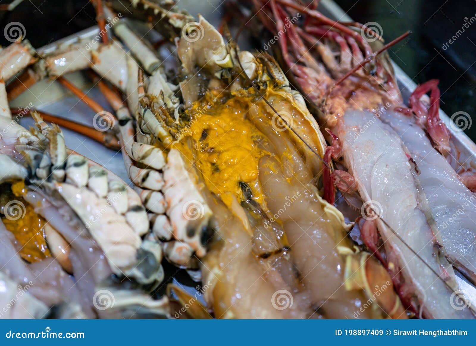 Fresh Raw Tiger Prawn and Spiny Lobster Cut in Half on Tray Stock Image ...