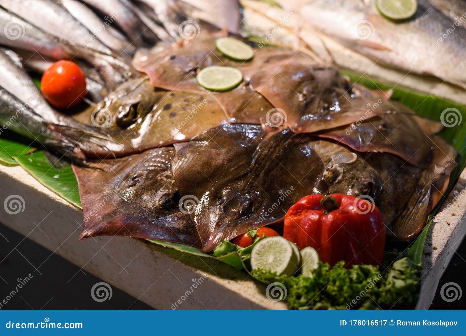 Fresh Rays at the Fish Market. Raw Stingray Seafood at the Night Market ...