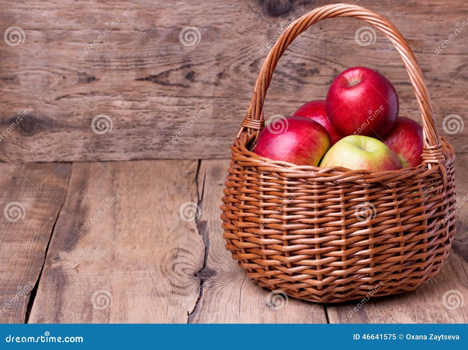 Fresh Red Apples in Basket Over Wooden Background Stock Image - Image ...