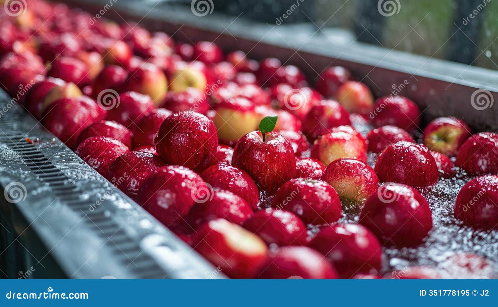 Fresh Red Apples on Conveyor Belt in Washing Process at Food Processing ...