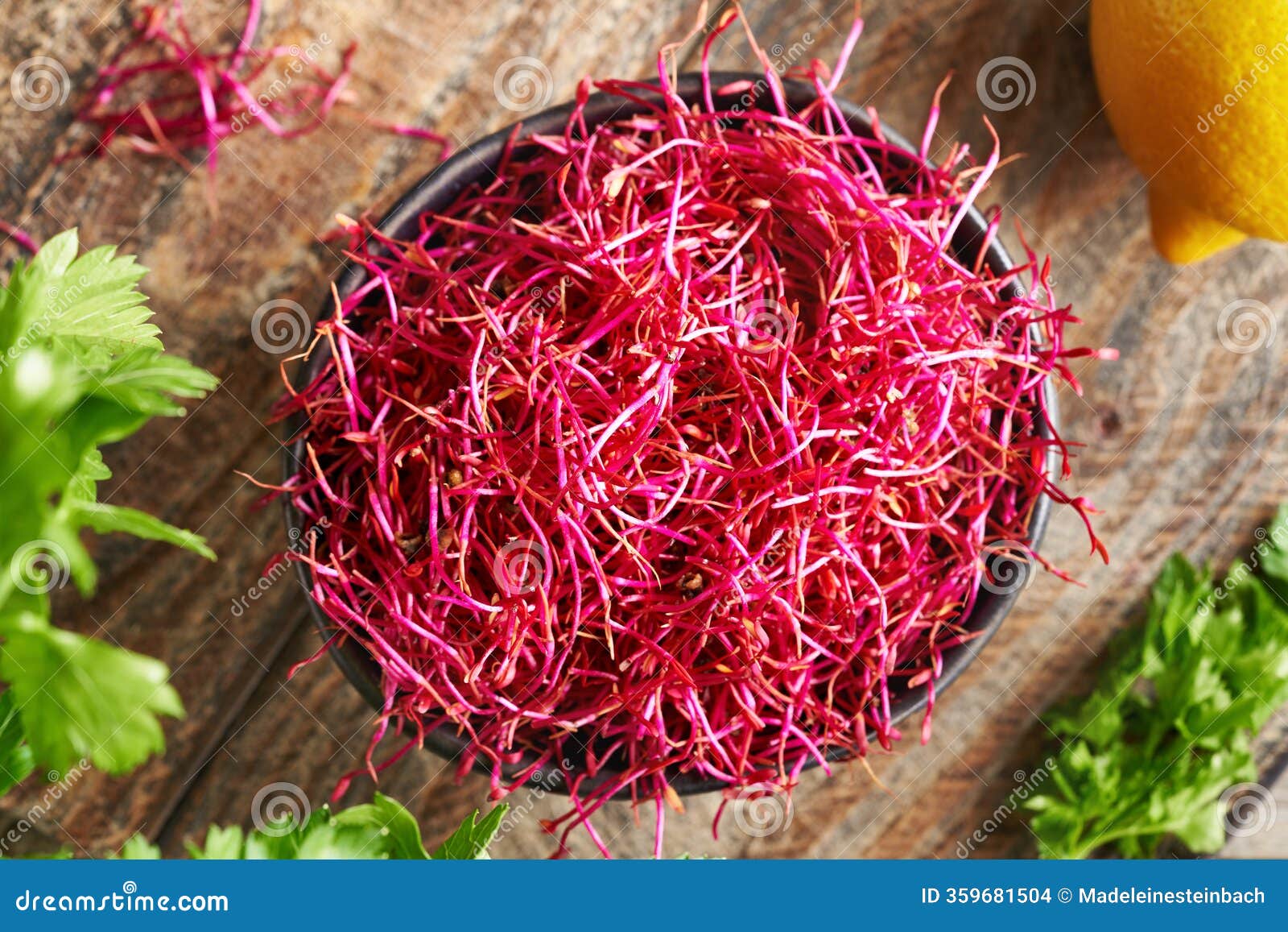 Fresh Red Beet Microgreens or Sprouts in a Black Bowl on a Table Stock ...