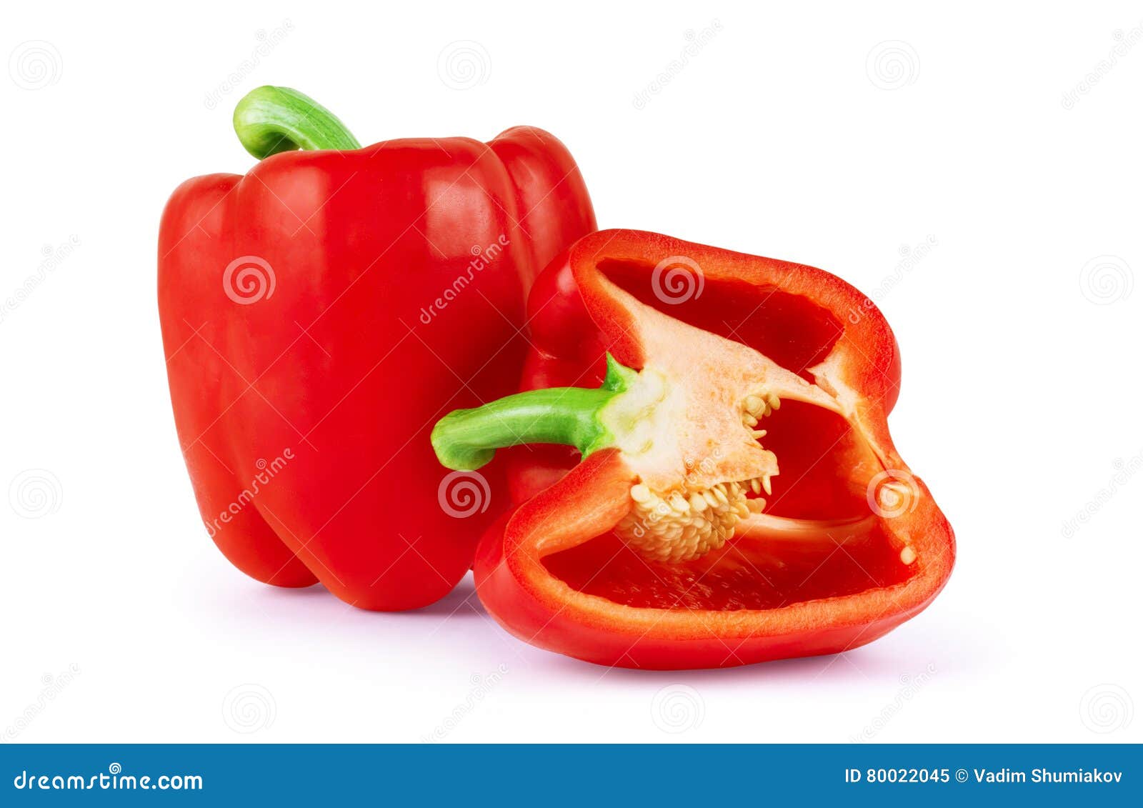 Fresh Red Bell Pepper Capsicum and a Cut One on a White Backgr Stock ...