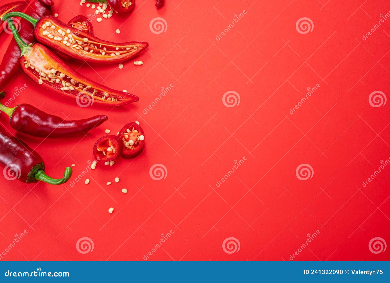 Fresh Red Chilli Peppers and Peppers Slices Isolated on Red Background ...