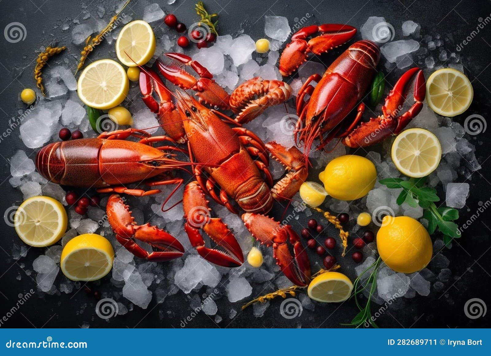 Fresh Red Lobster on a Black Background with Ice. Generative Ai Stock ...