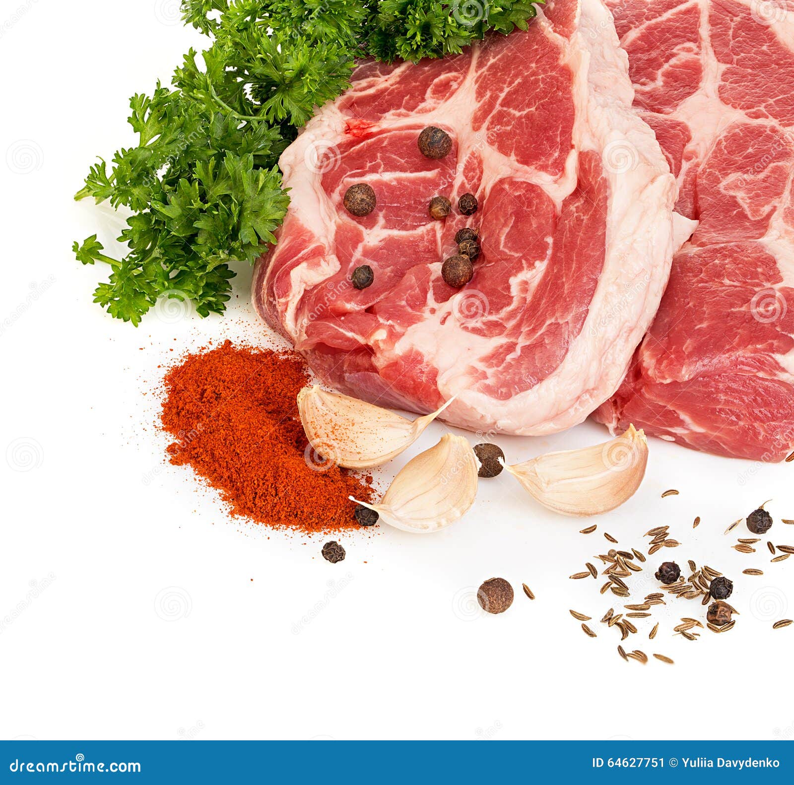 Fresh Red Meat with Spices and Parsley Close-up on a White Background ...