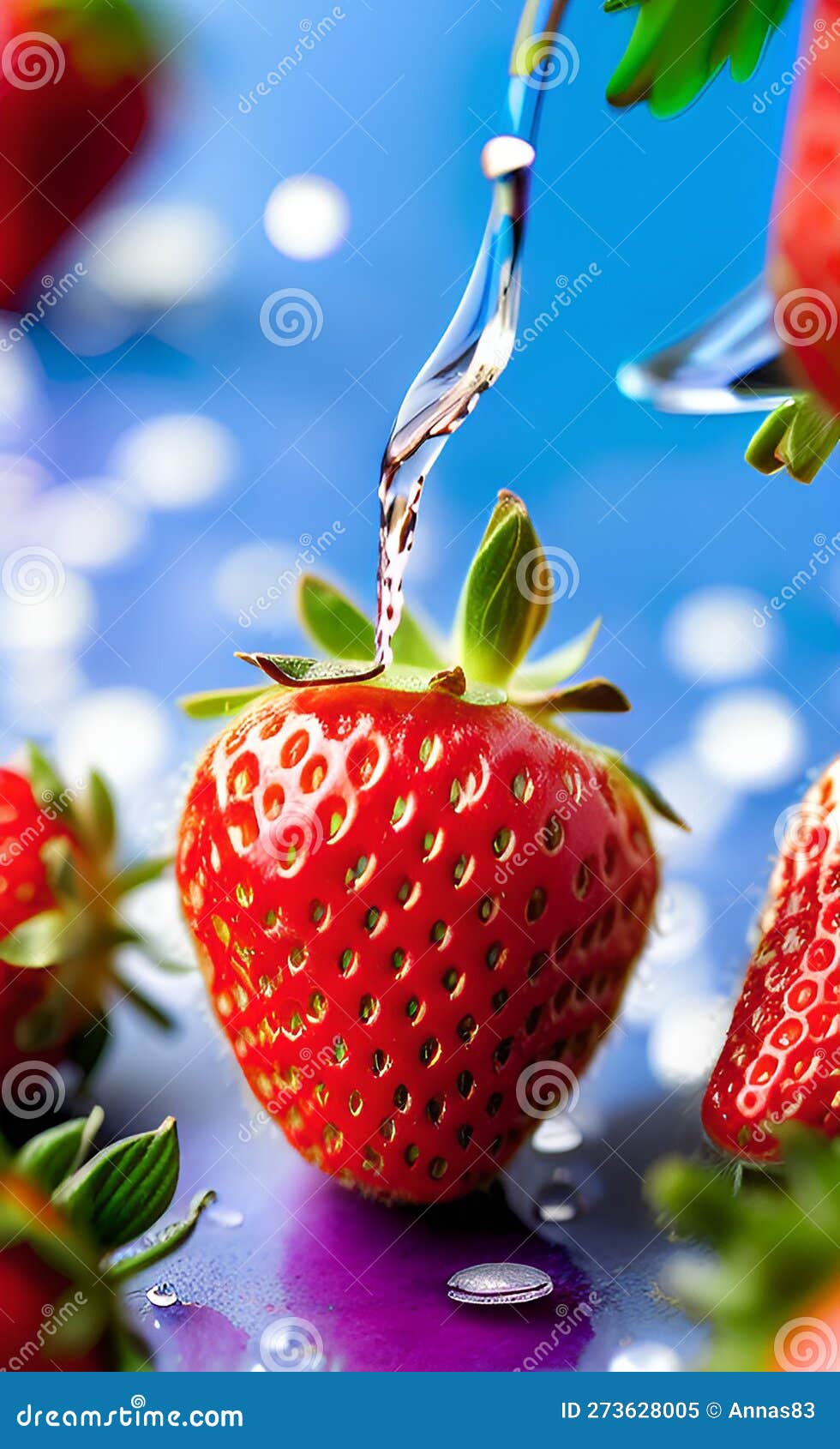 A Fresh Red Strawberry with Water Drops on a Blue Background Stock ...