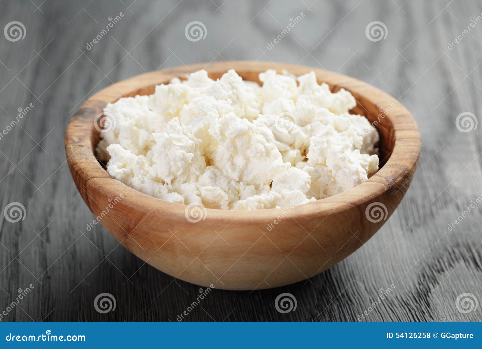 Fresh Ricotta in Olive Wood Bowl on Old Table Stock Photo - Image of ...