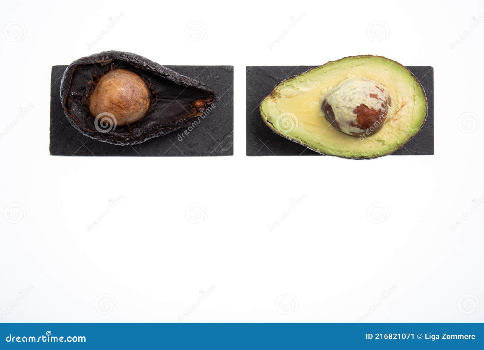 Fresh and Ripe Avocado Next To Rotting Avocado Cut in Half with Seed ...