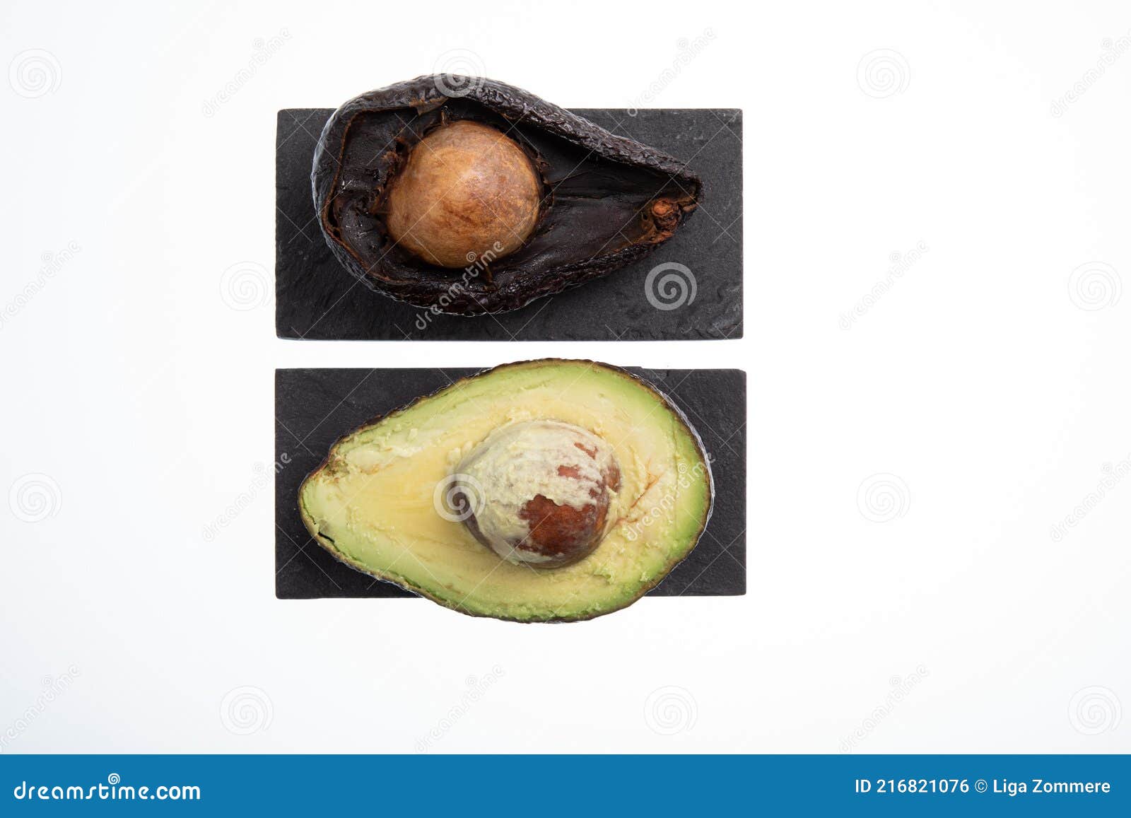 Fresh and Ripe Avocado Next To Rotting Avocado Cut in Half with Seed ...