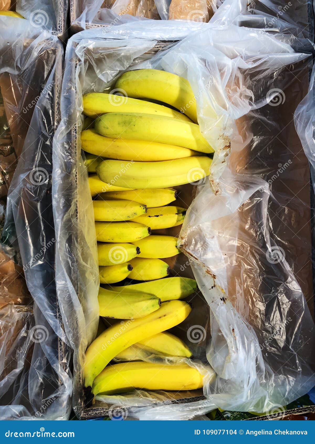 Fresh Ripe Bananas in Box on the Market Stock Photo - Image of juice ...