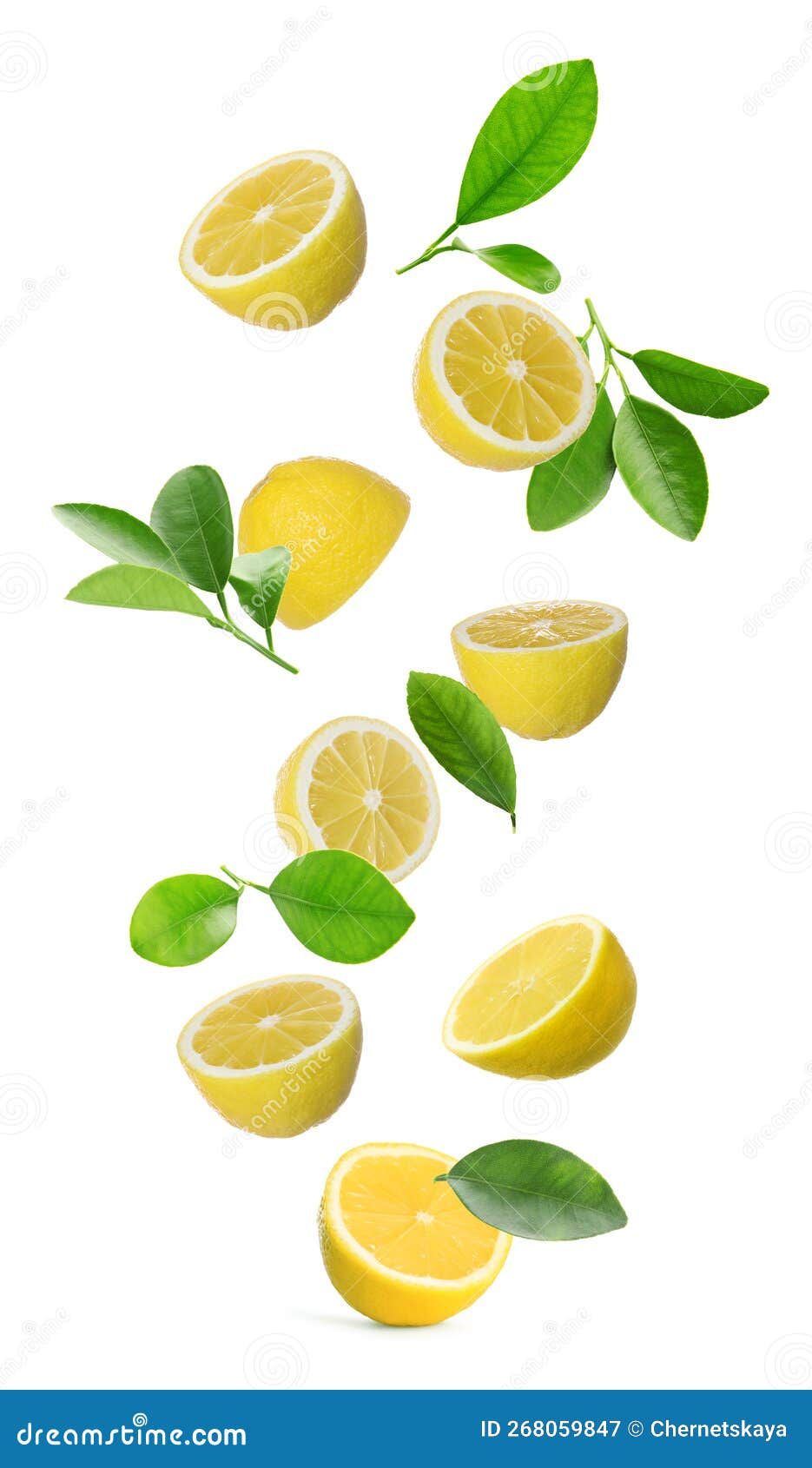 Fresh Ripe Cut Lemons and Green Leaves Falling on White Background ...